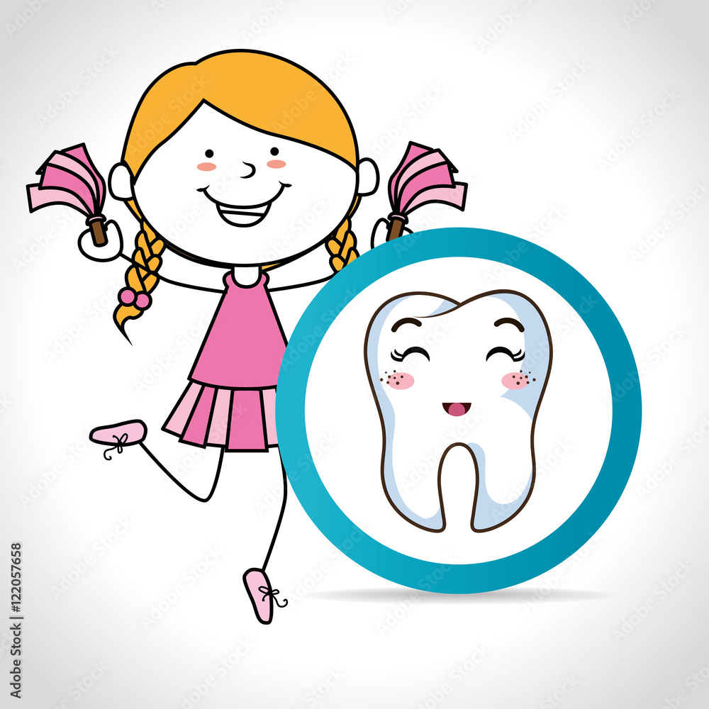 cartoon girl smiling with human tooth with happy expression face ...
