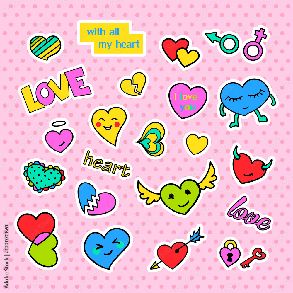 Fashion patch badges. Hearts set. Stickers, pins, patches and ...