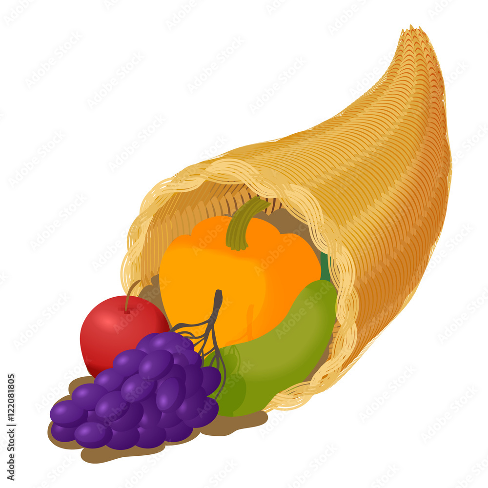 Cornucopia with fruit icon in cartoon style isolated on white ...