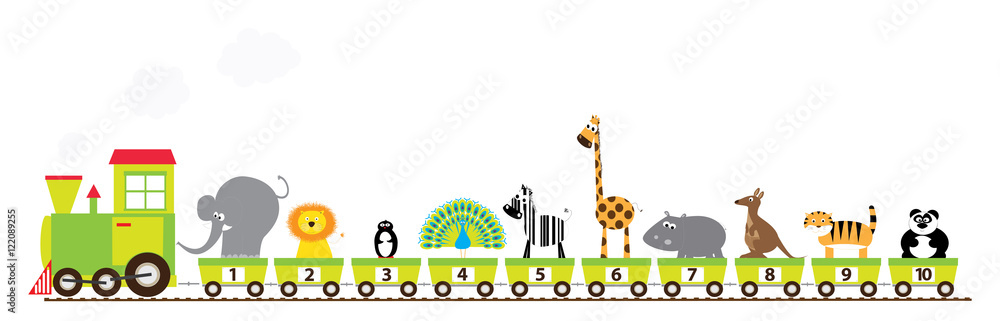 Cartoon train with numbers 1-10 and wild animals / educational vectors ...