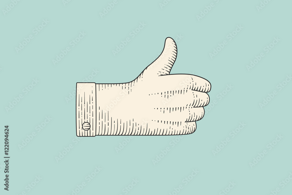 Drawing of hand sign with thumbs up in engraving style Stock ...