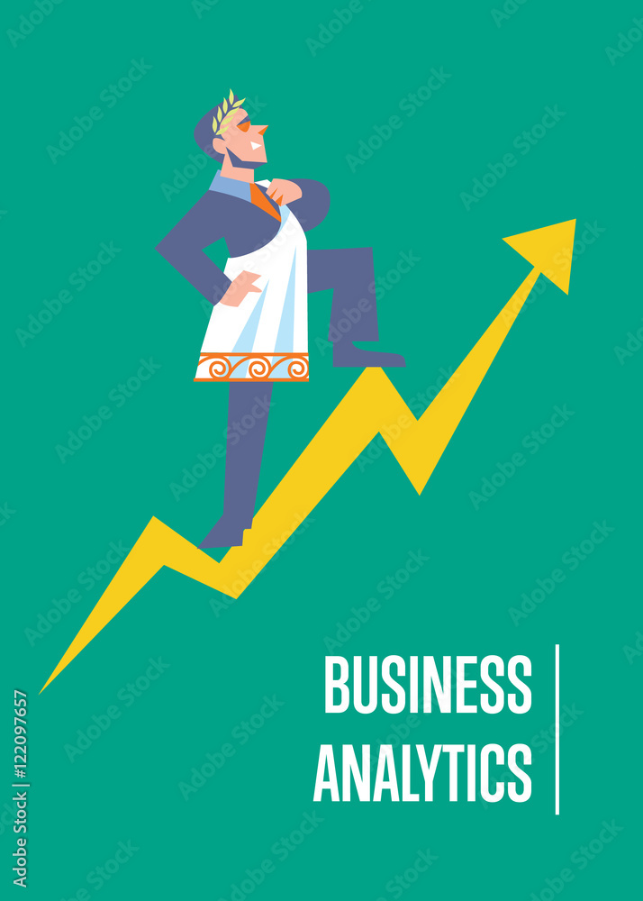 Business analytics banner with businessman in roman toga and laurel ...
