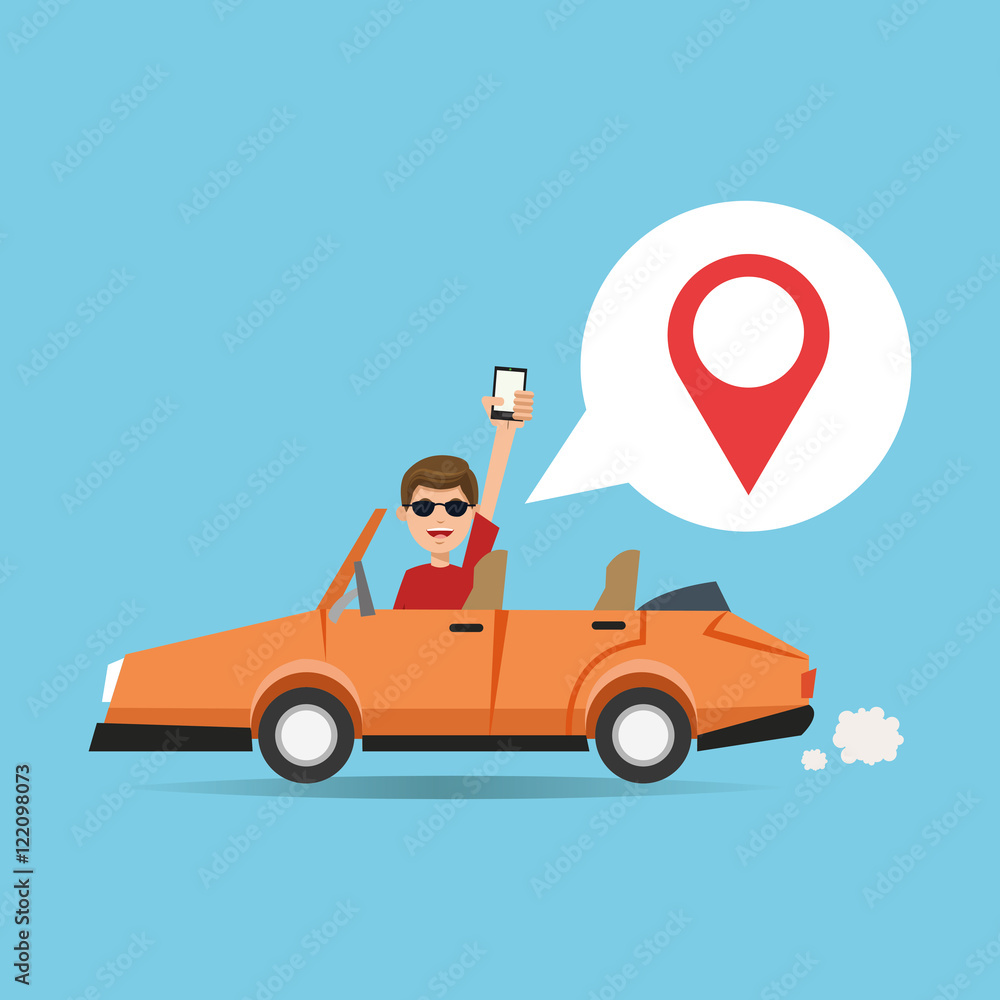 Cartoon man car and smartphone. Gps navigator location travel and route ...