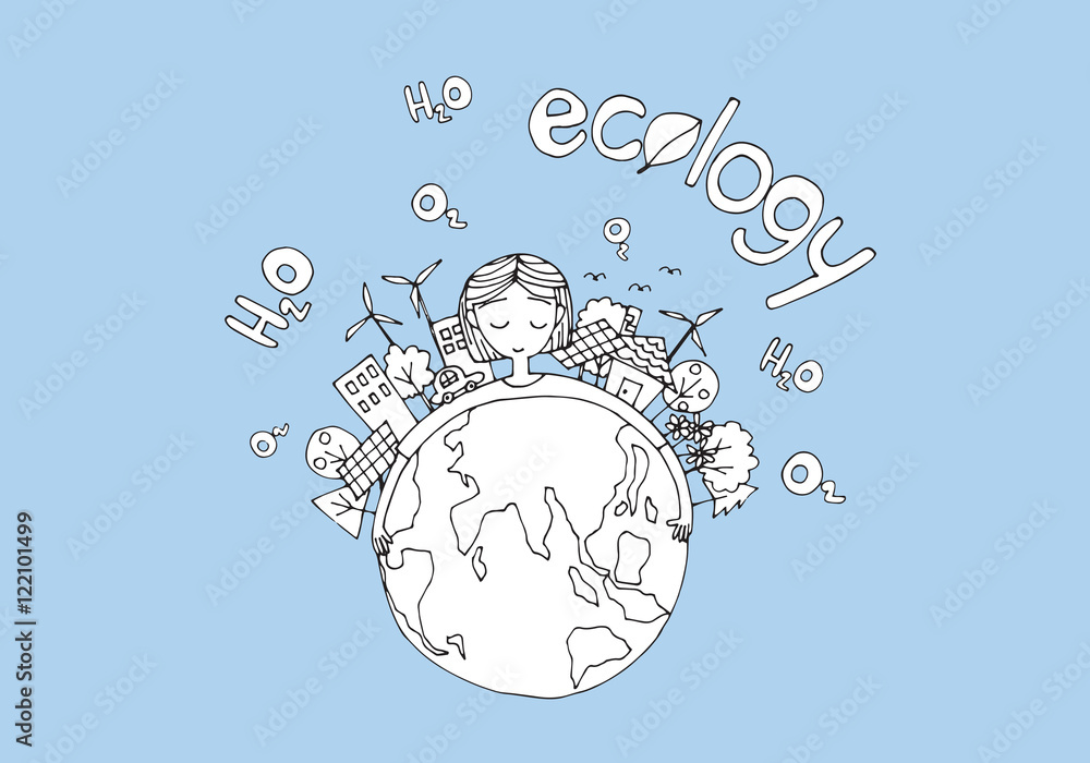 ecology green world concept. hand drawing a girl hug the world Stock ...