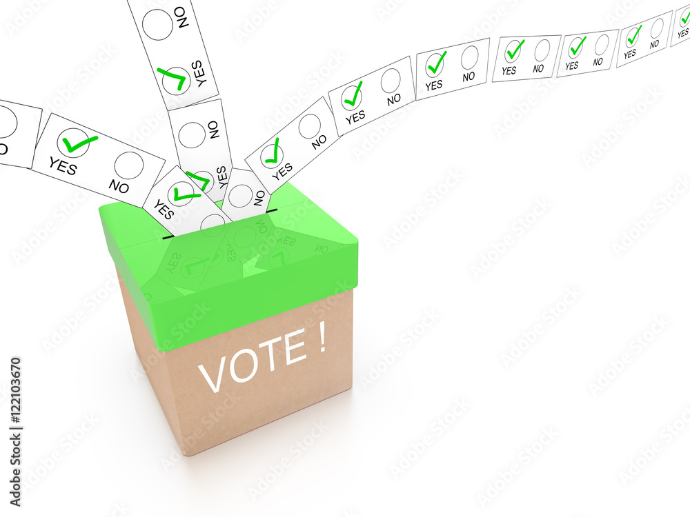 Ballot box in green with the word vote and multiple letters showing yes ...