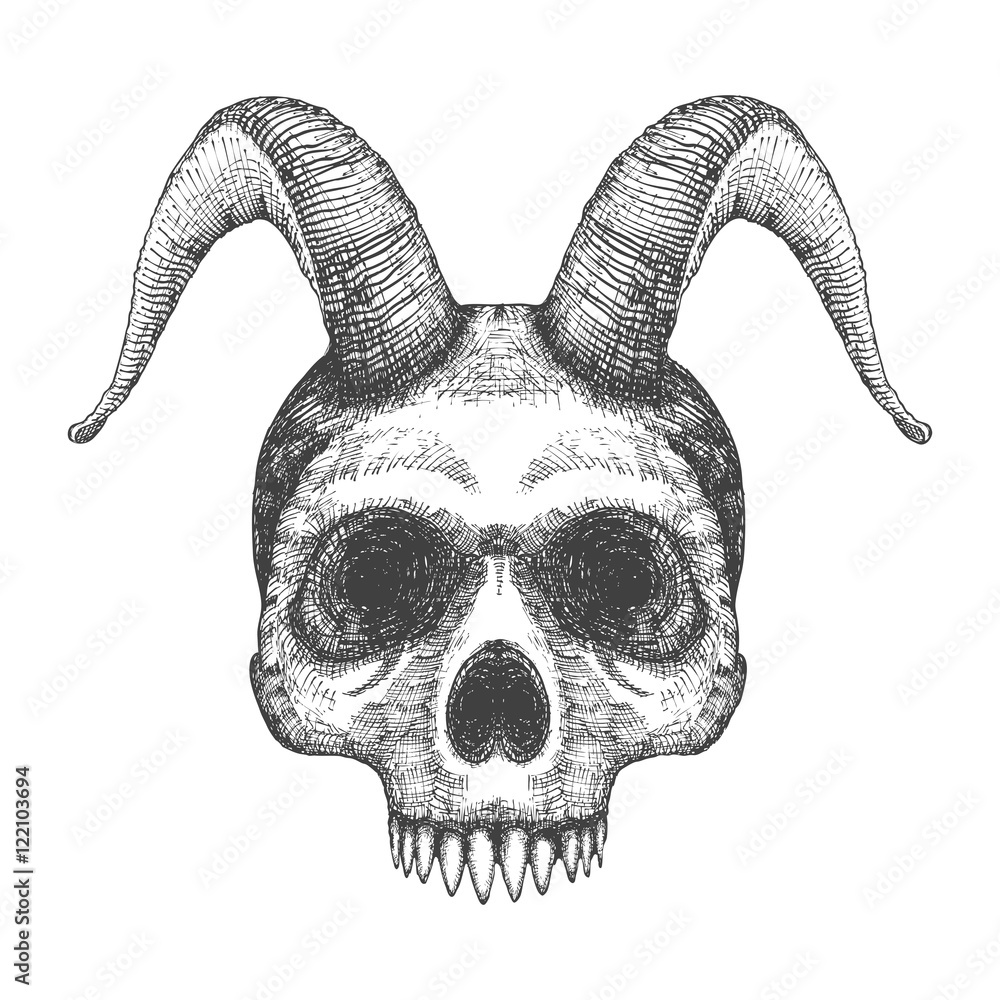 Skull with horns. Human skull with goat horns. Demon Head. A demon ...