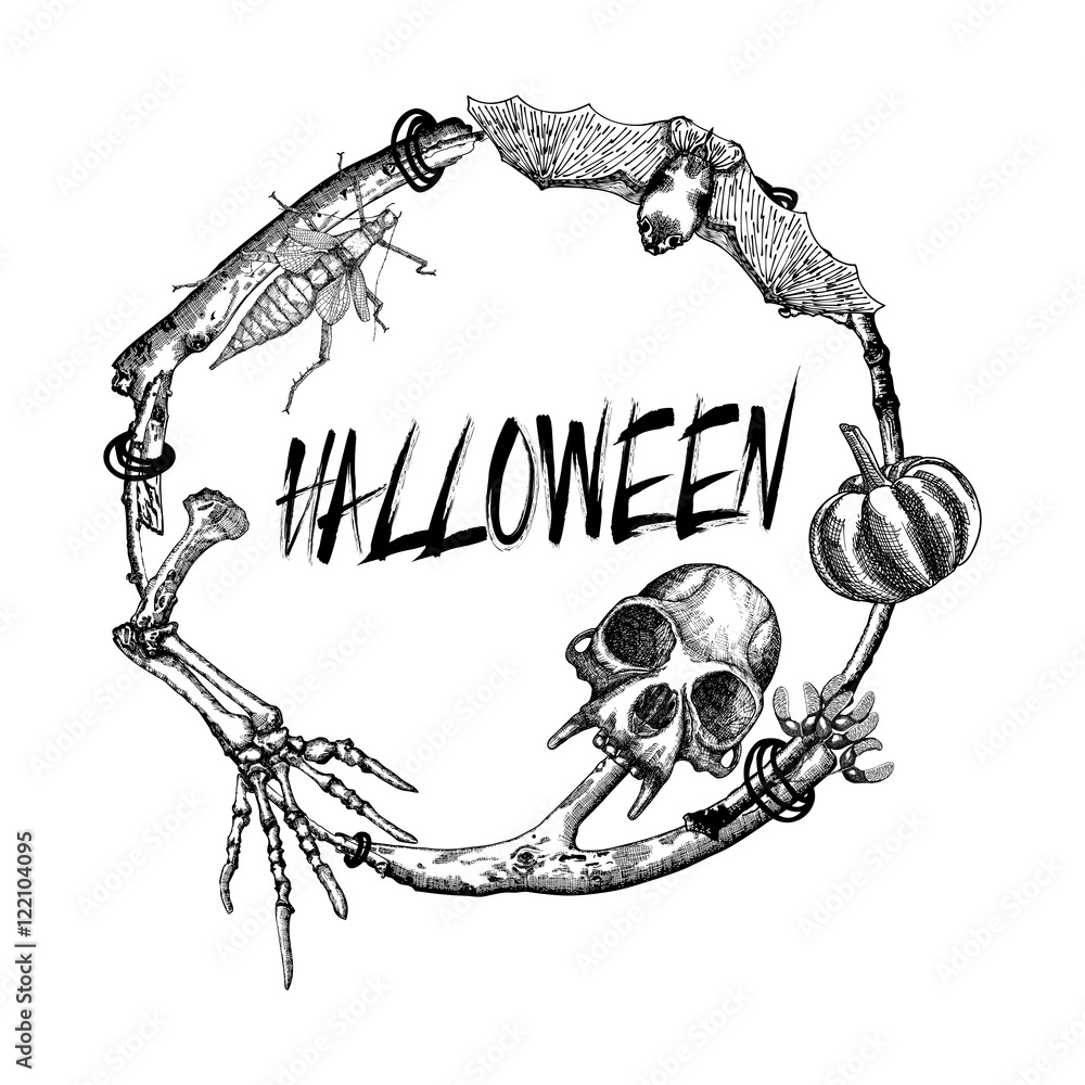 Halloween sign and poster. Halloween decoration in twig frame. Hand ...