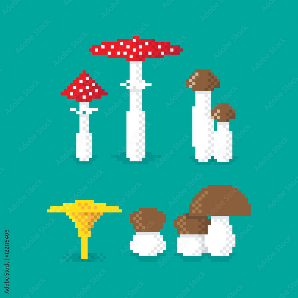Various pixel Mushroom, set of, edible and poisonous. Illustration ...