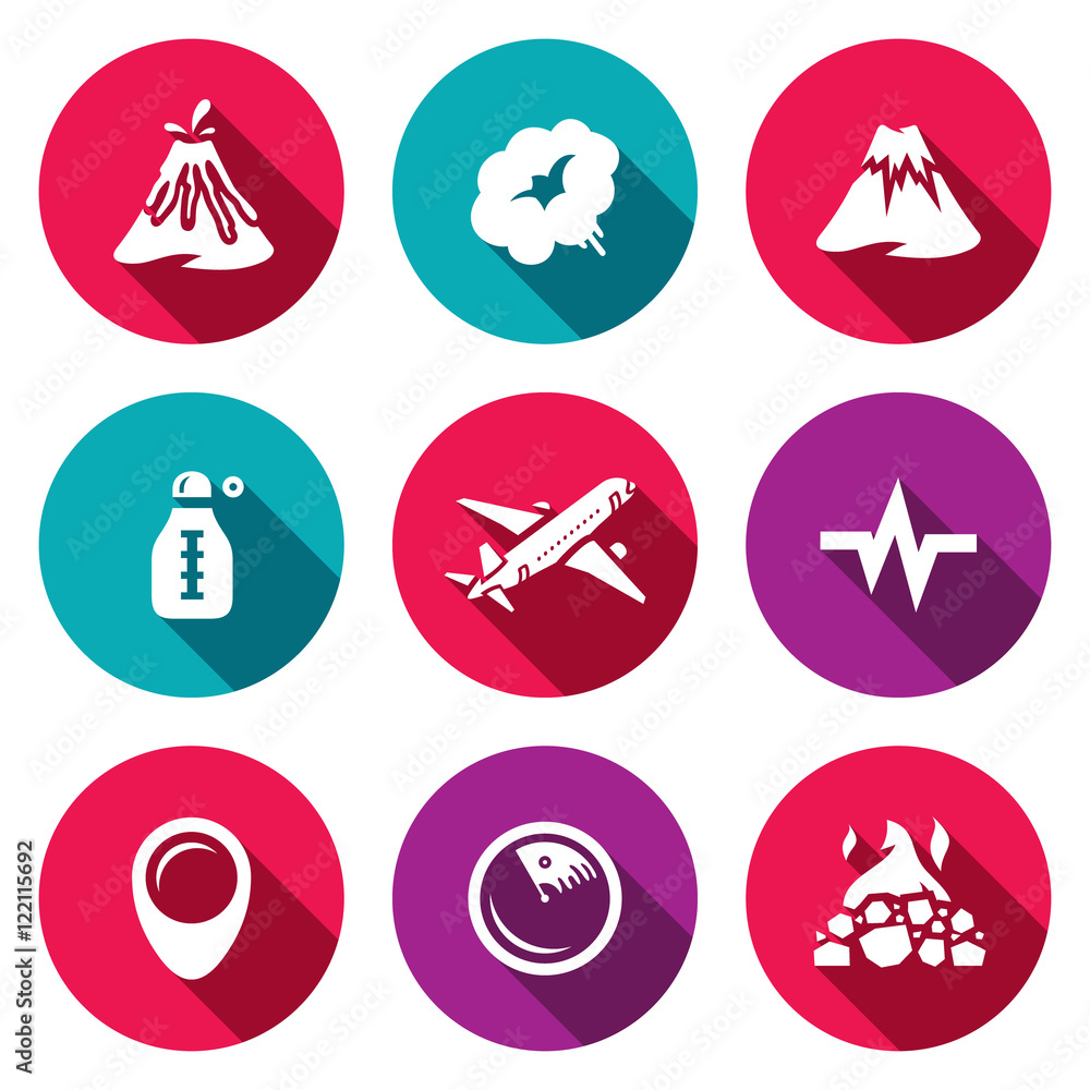 Vector Set of Volcano Icons. Eruption, Smoke, Hill, Temperature, Plane ...