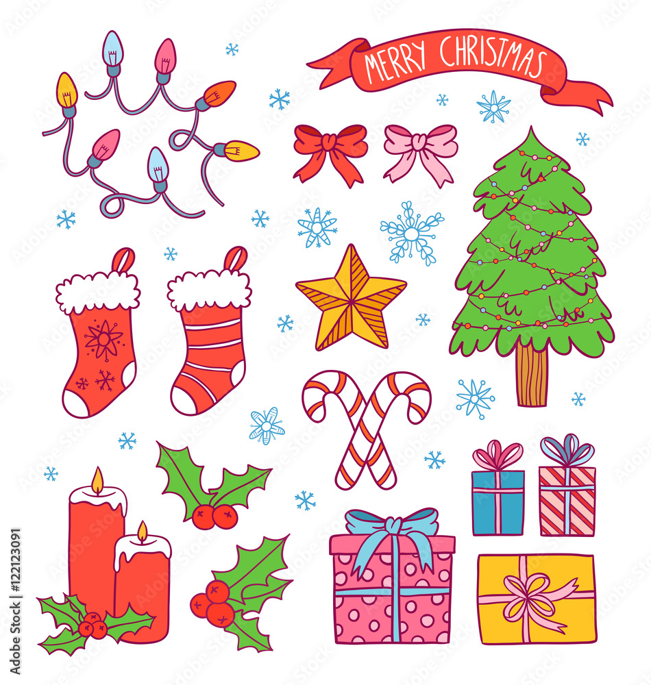 Cartoon christmas symbols collection, presents, ribbons, candies ...