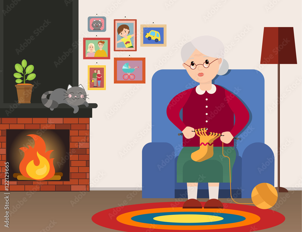 Grandma Sits In An Armchair And Knits At Home Grandmother Cartoon