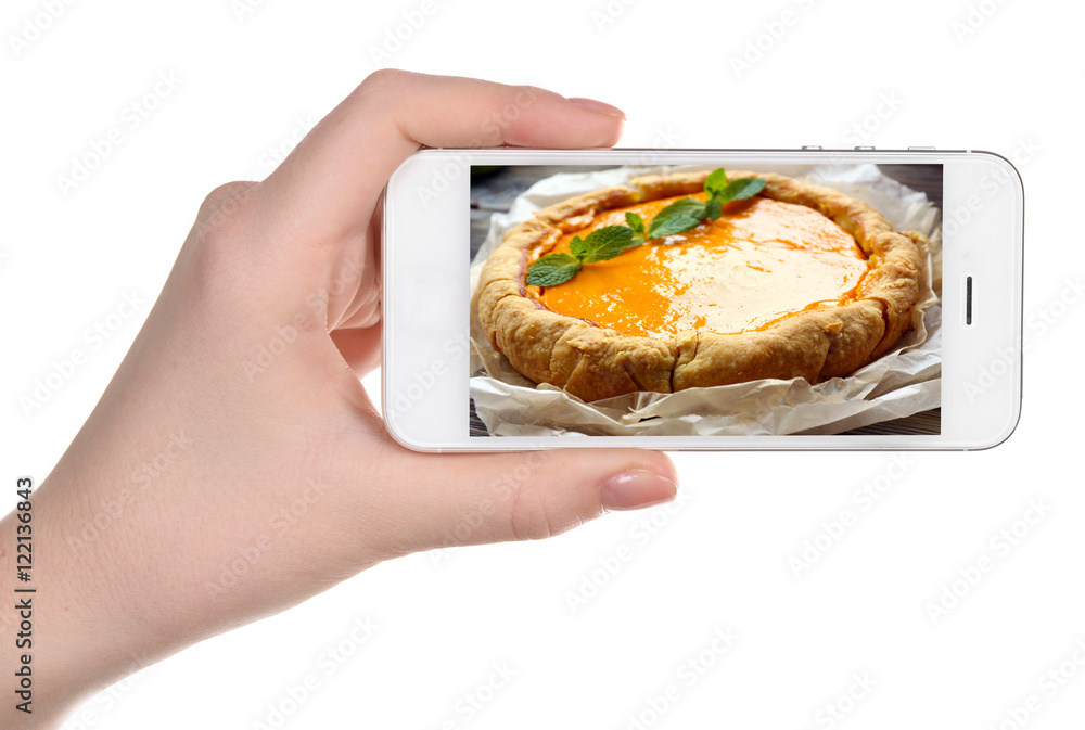 Female hand holding smartphone on white background. Photo of food on ...