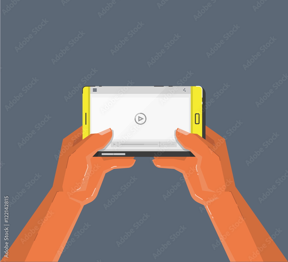 Hands holding smartphone. Video player on the screen. Cartoon style ...