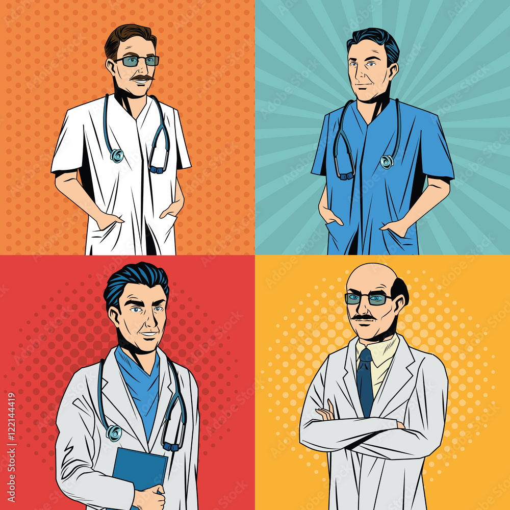 Doctor cartoon with uniform. Medical care pop art comic and retro theme ...