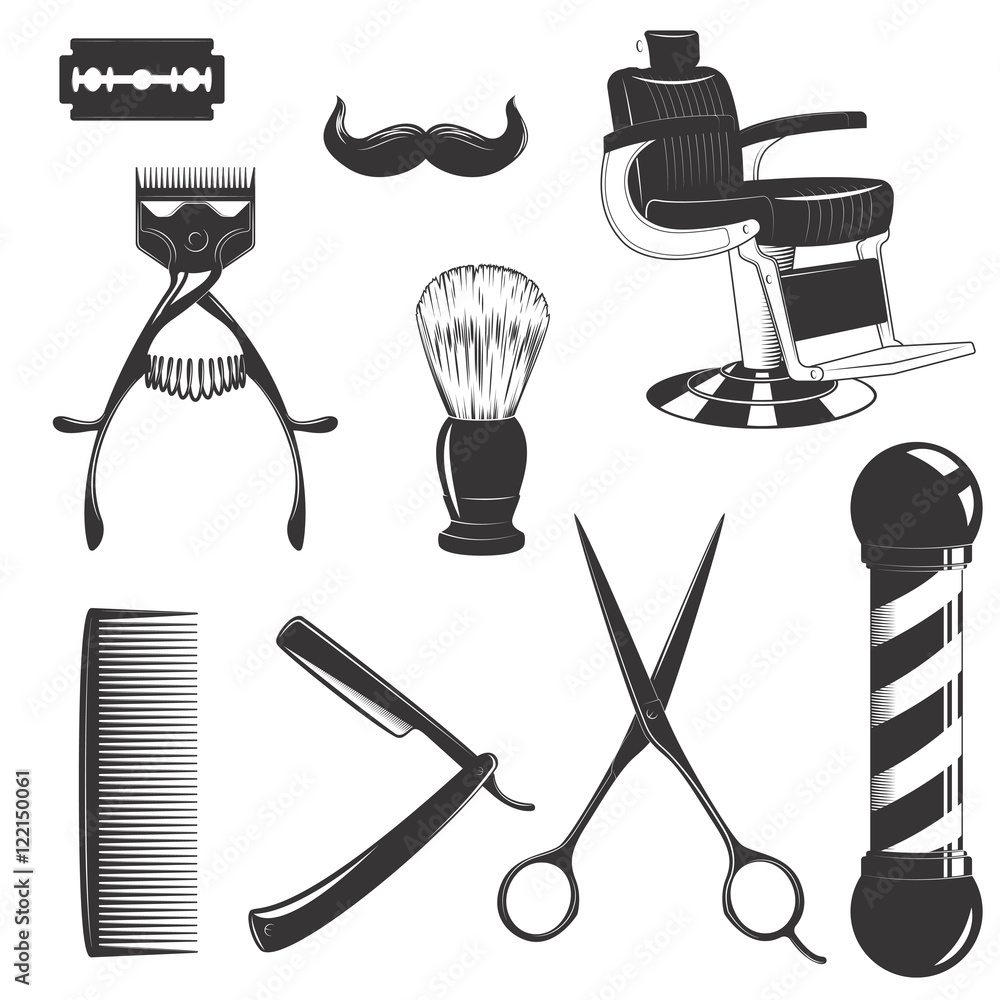 Vintage retro barbershop set with cutting equipment consists of blade ...