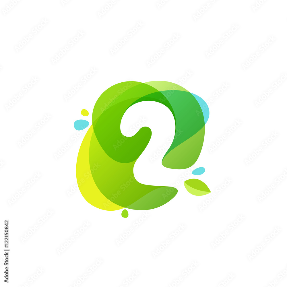 Number two logo at green watercolor splash background. 2 icon. Stock ...