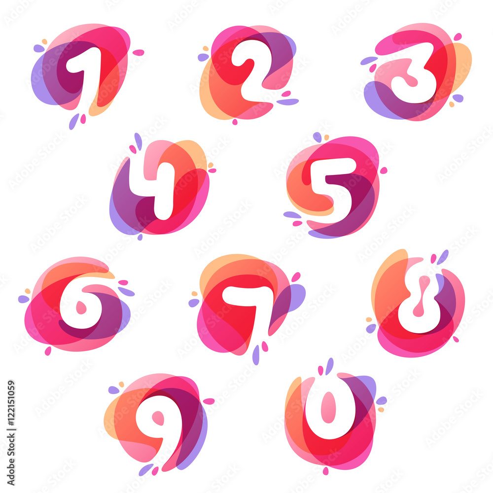Numbers set logos at colorful watercolor splash background. Stock ...
