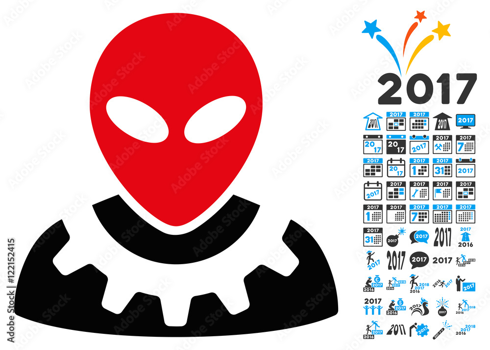 Alien Engineer icon with 2017 year bonus vector pictographs. Collection ...