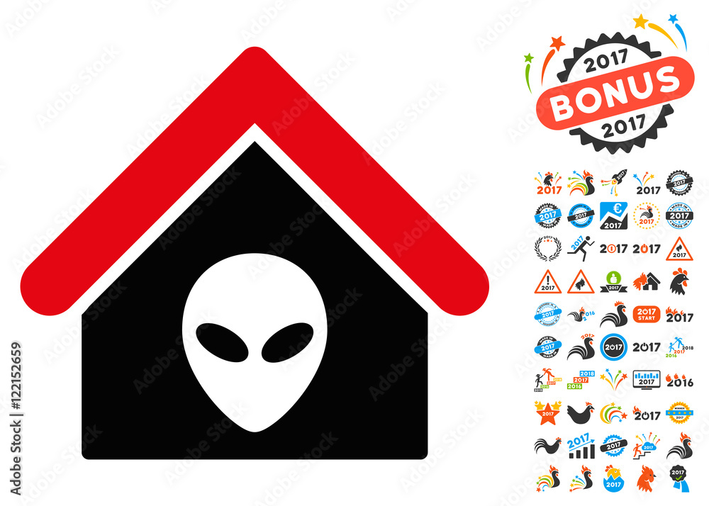 Alien Home icon with 2017 year bonus vector pictograms. Set style is ...