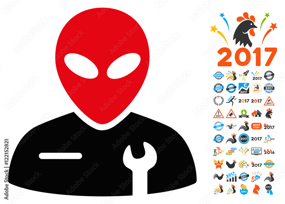 Alien Mechanic icon with 2017 year bonus vector pictographs. Design ...