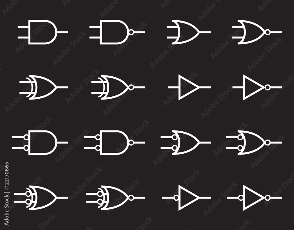 Digital logic gate symbols, white isolated on black background, vector ... Digital logic gate symbols, white isolated on black background, vector ...