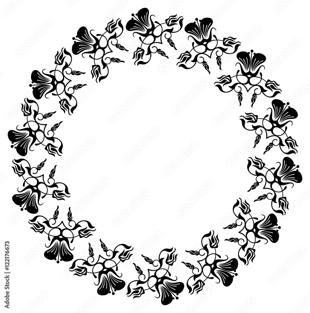 Silhouette round frame. Abstract black and white ornament with ...