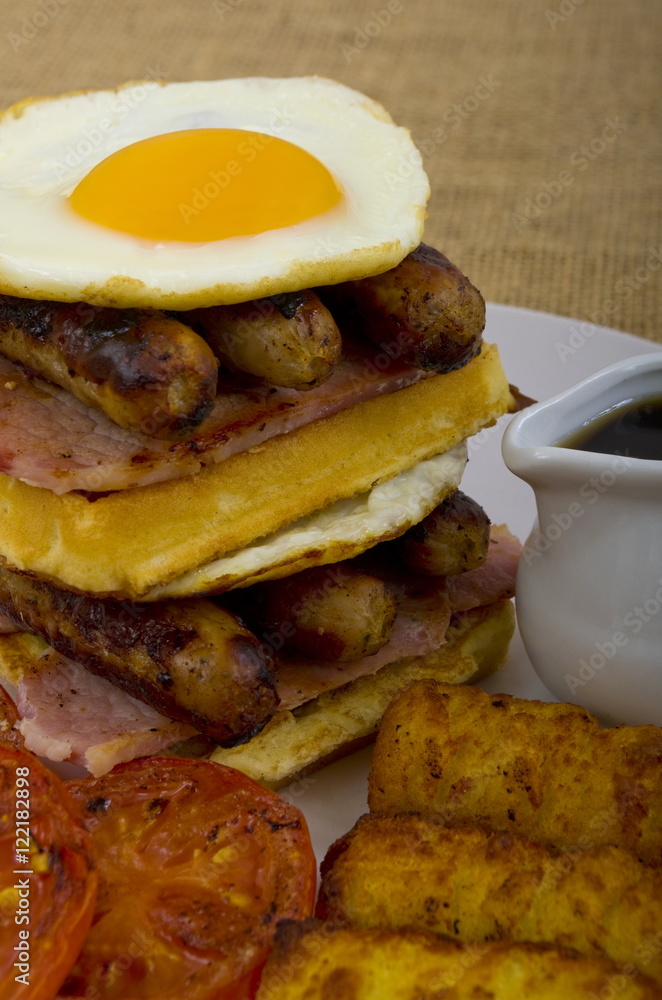 Double Waffle Stack Breakfast Super size Breakfast of waffles, bacon ...
