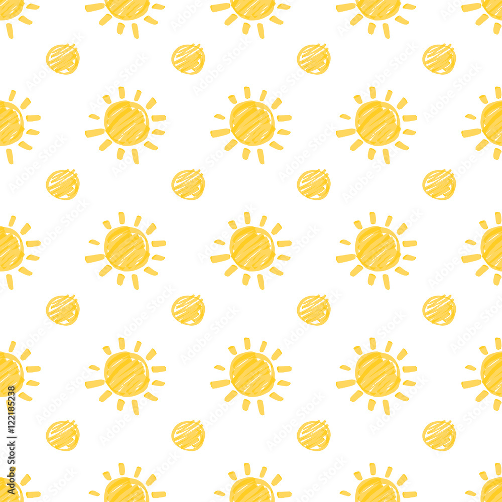 Seamless pattern with sun and dots hand drawn by marker. Sunny ...