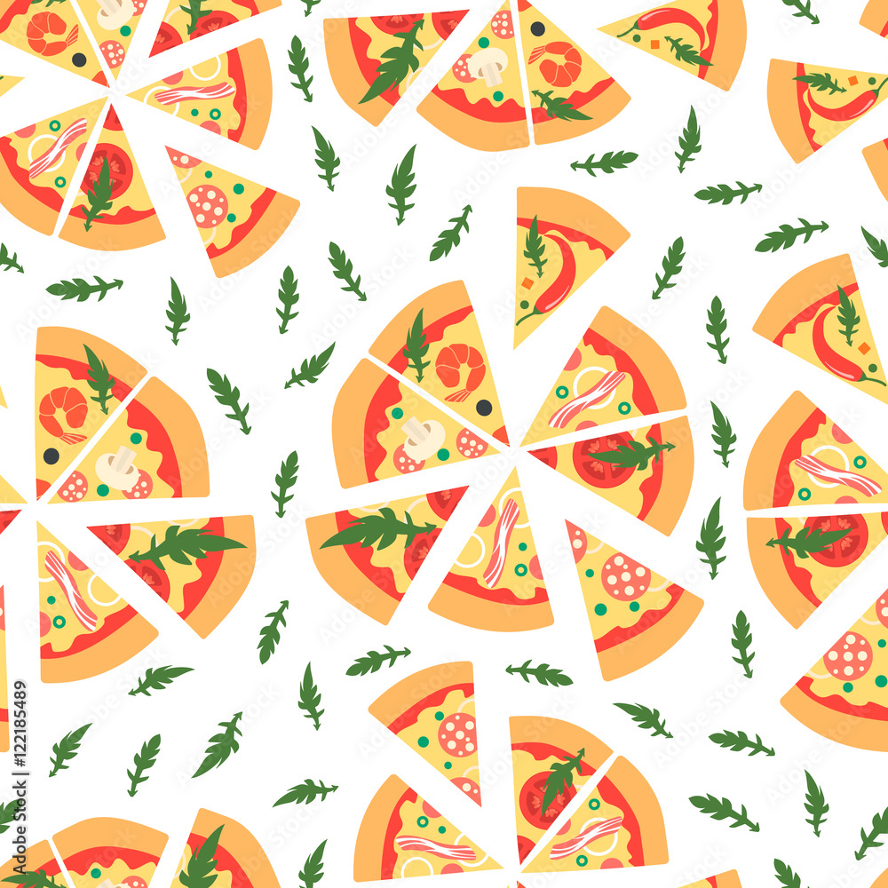Seamless pattern with assorted pizza slices. Vector illustration ...