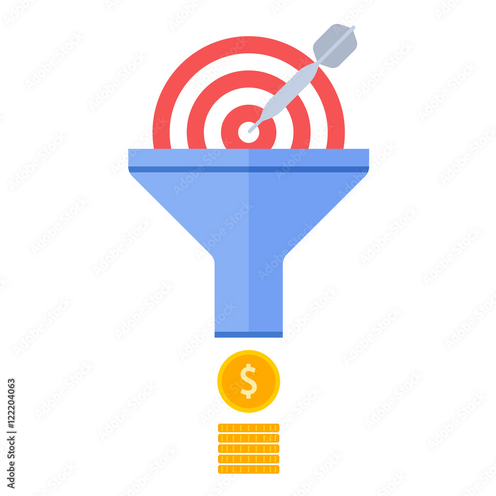 Funnel flow and targeting concept. Flat illustration of process of ...