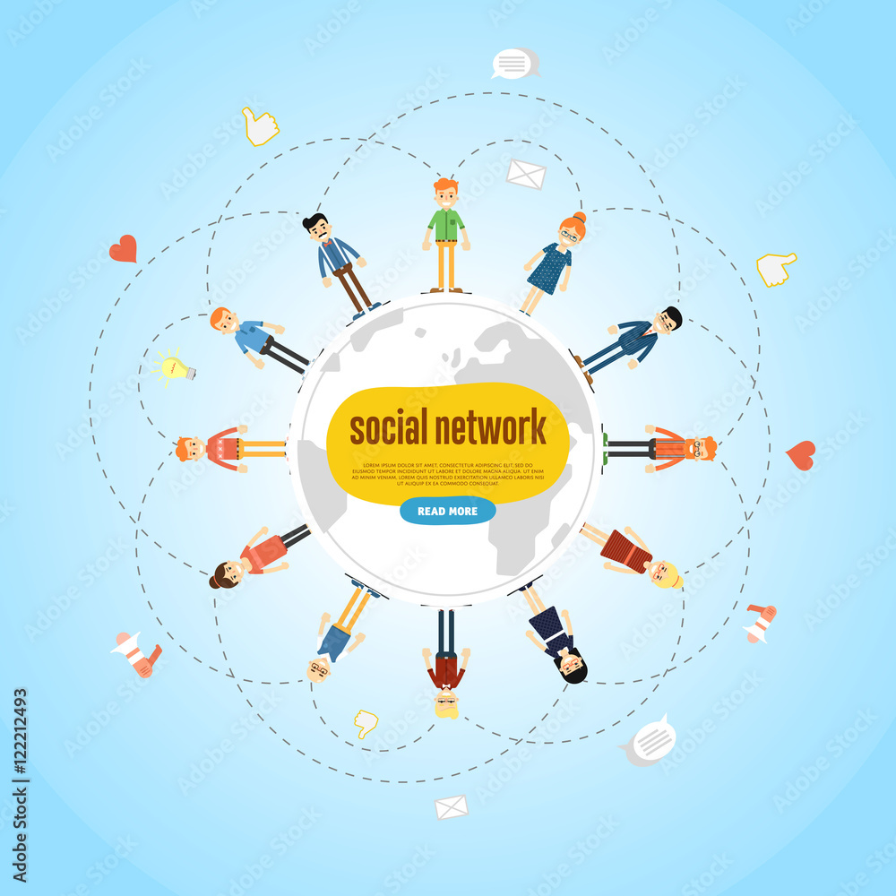 Social network banner with group of people around globe on blue ...