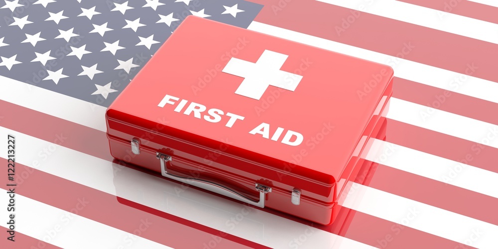 First aid kit on USA flag background. 3d illustration Stock ...