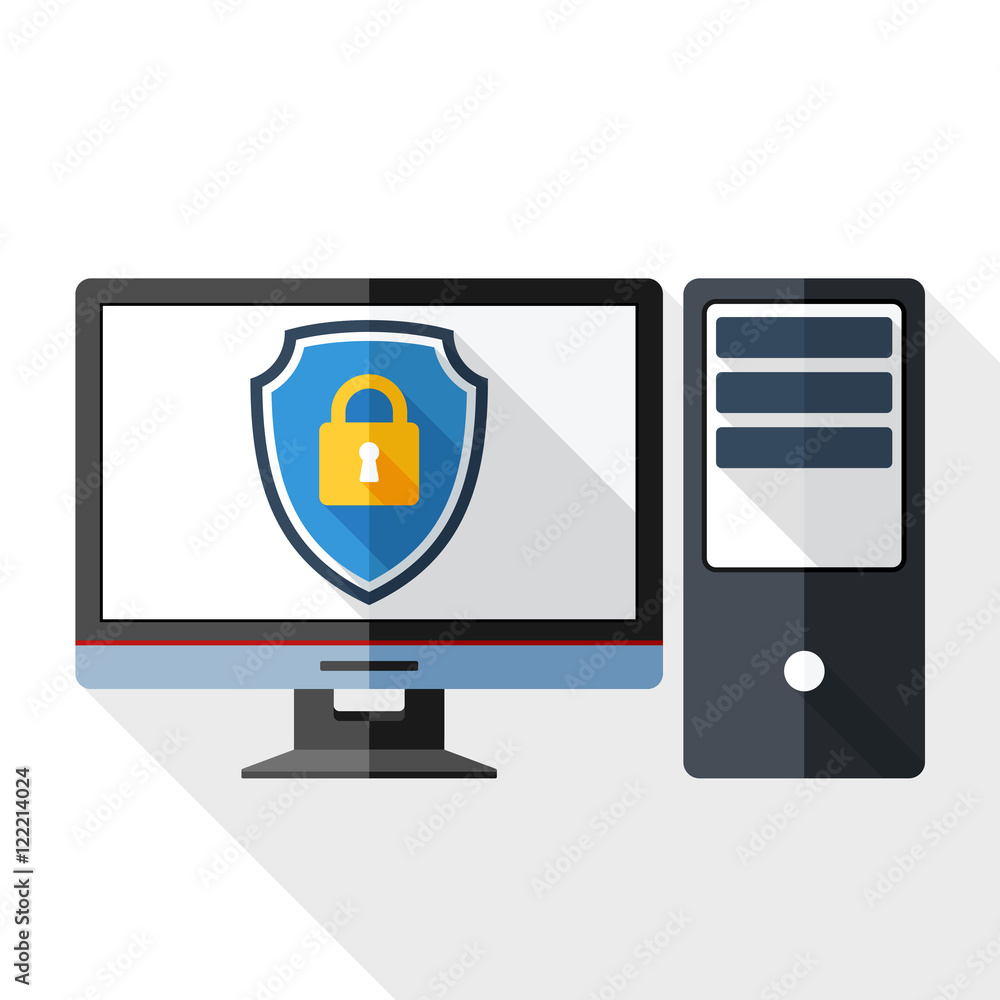 Vector Desktop computer icon with a protective shield symbol on a ...