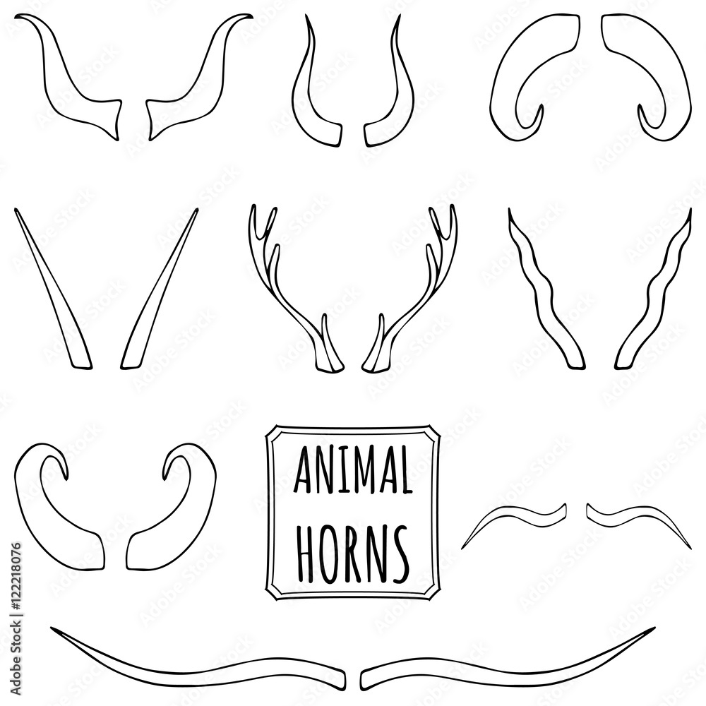 Hand drawn Set of animal horns made in vector. Deer, sheep, antler ...