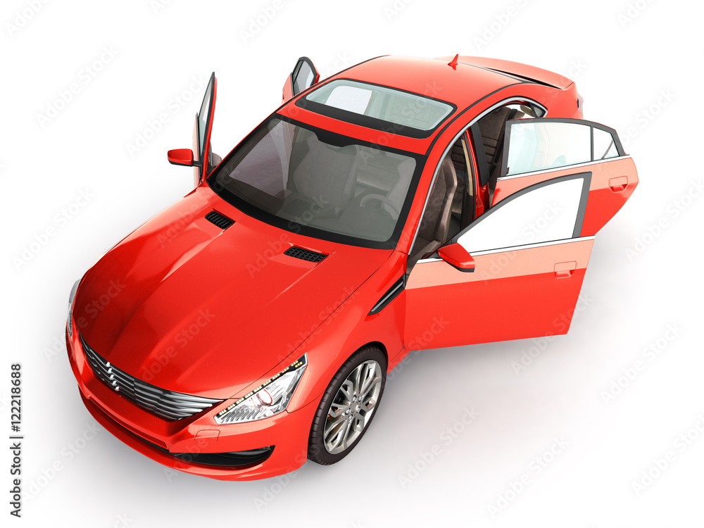 red car open dors view 3d render on white Stock Illustration | Adobe Stock