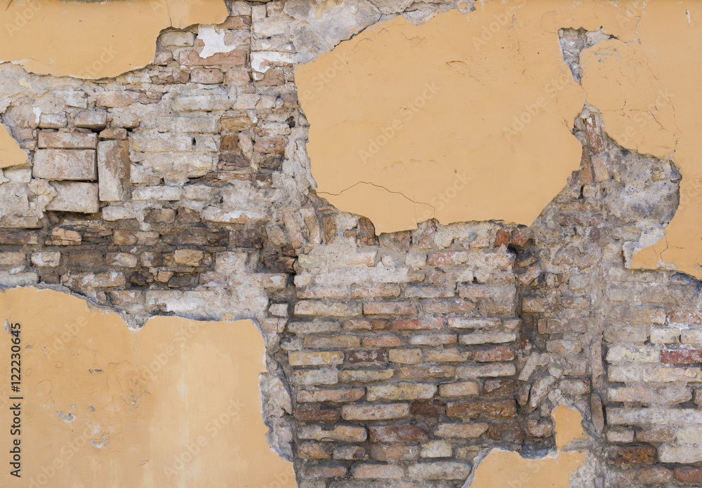 Background texture from brick wall with damaged cracked plaster Stock ...