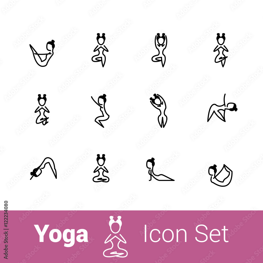 Yoga poses outline icon set of 12 icons. Stock Vector | Adobe Stock