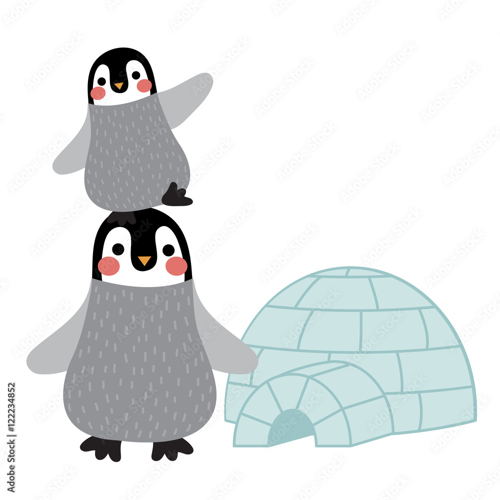 Funny Penguin and igloo animal cartoon character vector illustration ...