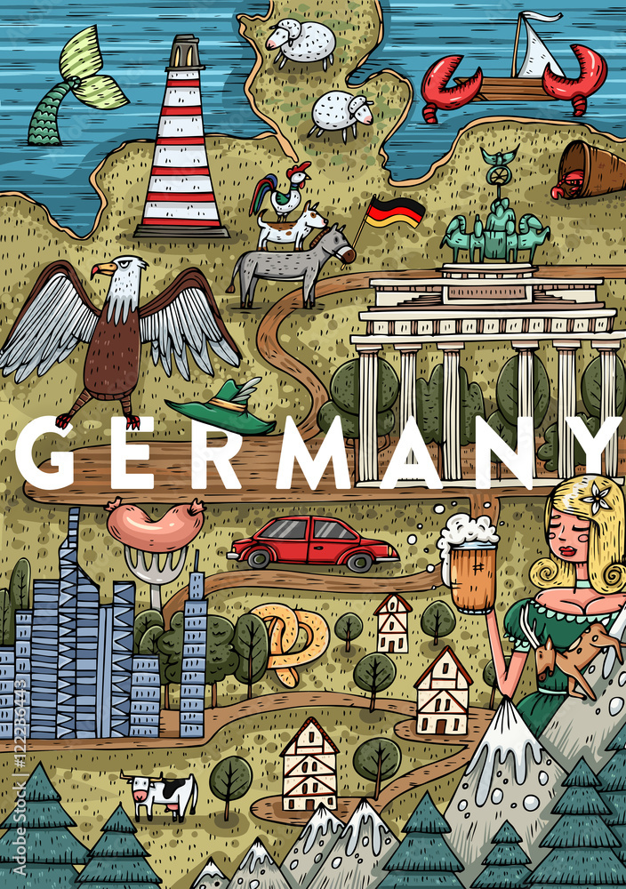 Funny Hand drawn Cartoon Germany map with most popular places of ...