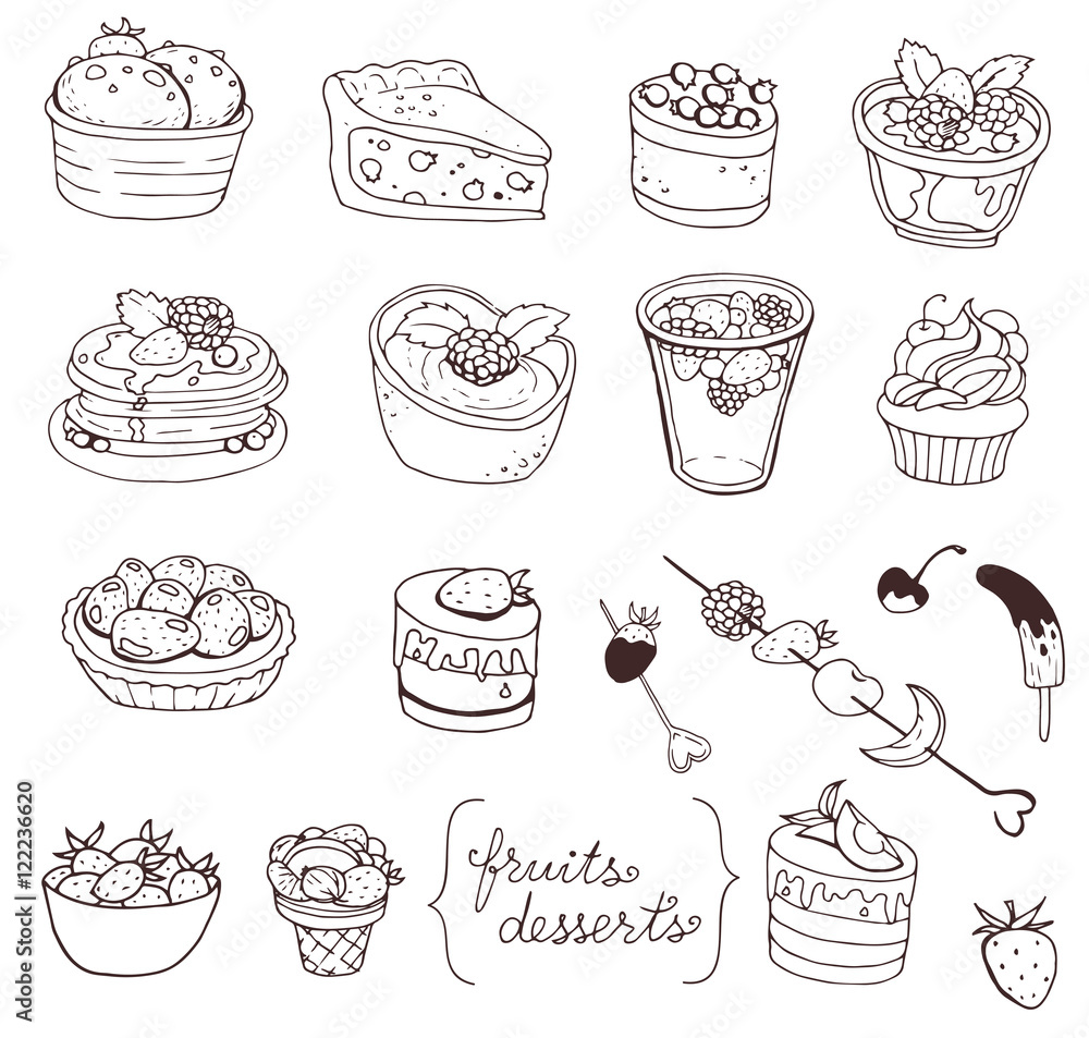 Hand-drawn collection of the different sweet cakes and fruits desserts ...
