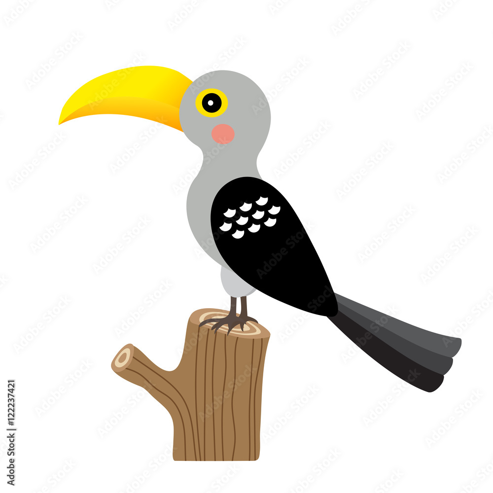 Yellow Billed Hornbill bird perching tree stump animal cartoon ...