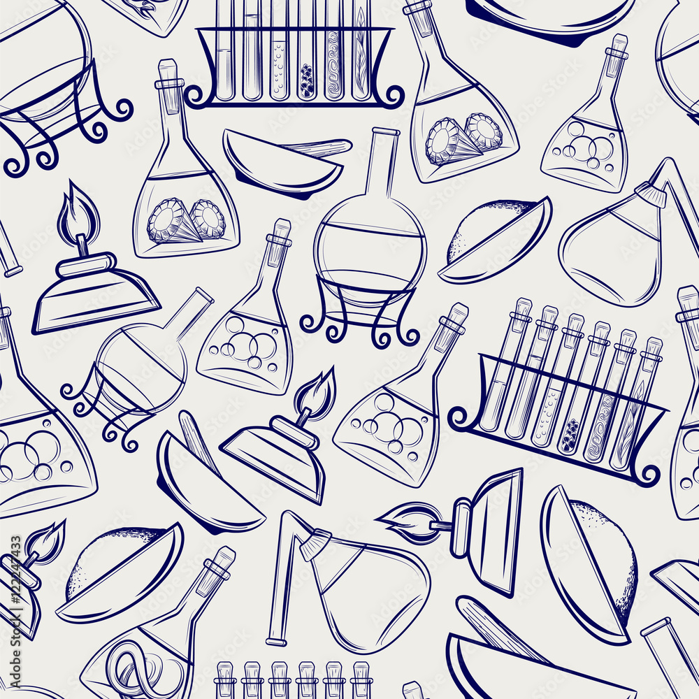 Hand drawn science lab equipment seamless pattern in ball pen imitation ...