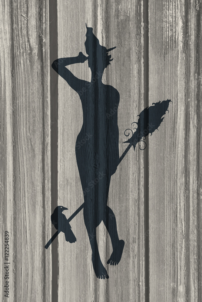Illustration of standing young witch icon. Witch silhouette with a ...