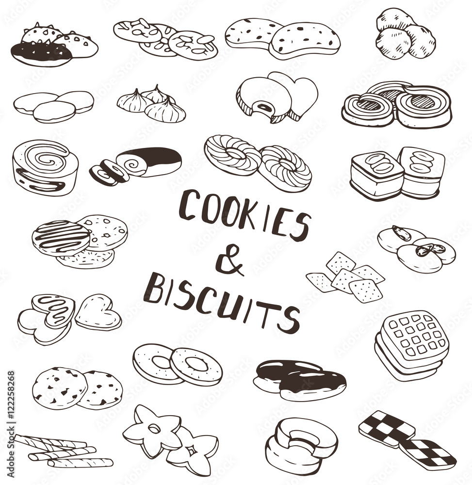 Hand-drawn collection of the different cookies and biscuits desserts ...