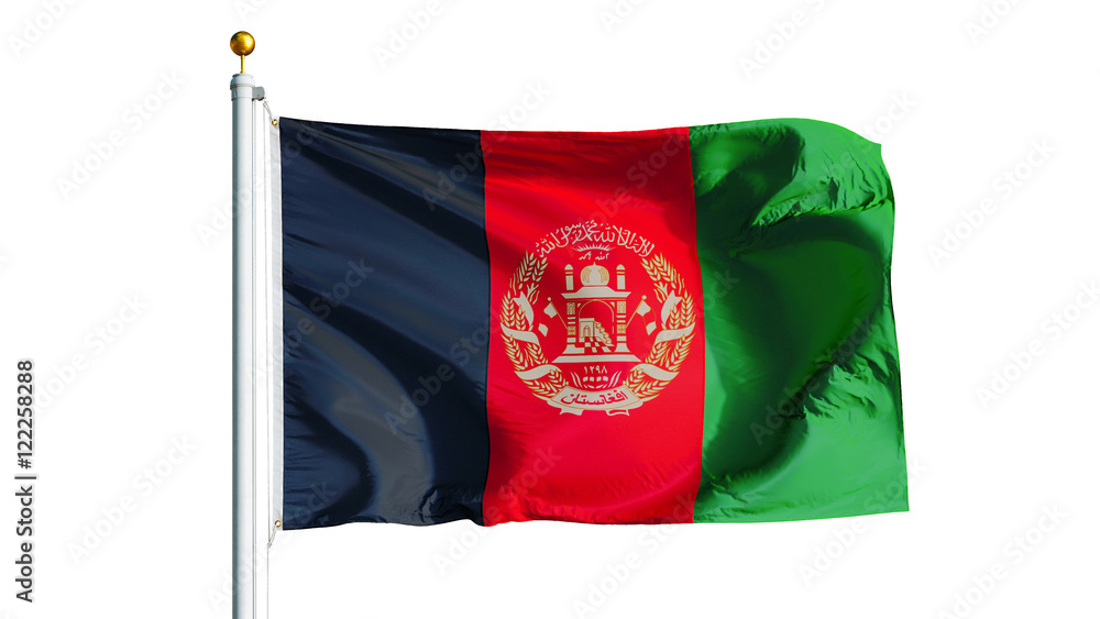 Afghanistan flag waving on white background, close up, isolated with ...