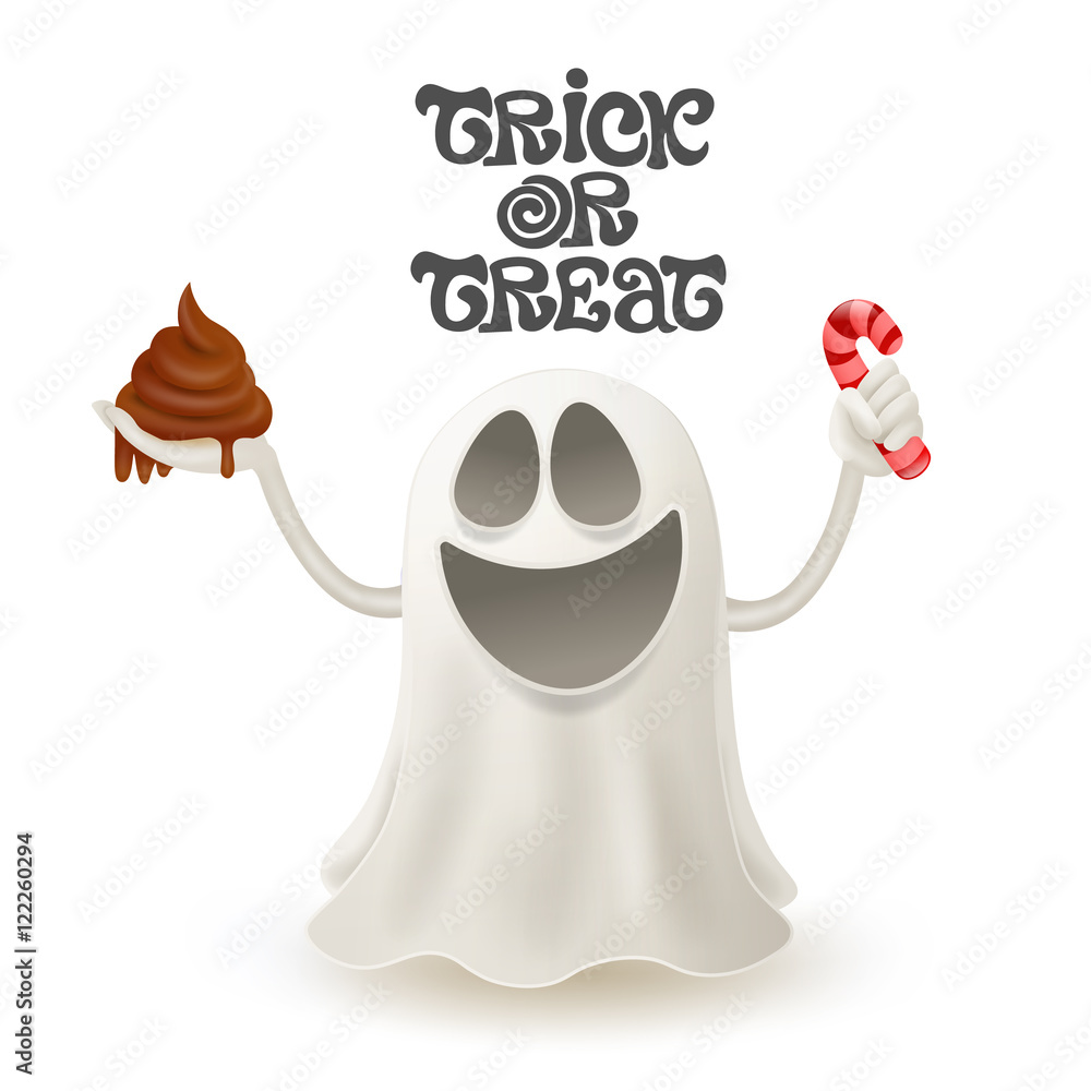 Smiley ghost character trick or treat concept Stock Vector | Adobe Stock