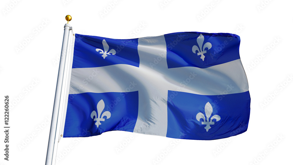 Quebec flag waving on white background, close up, isolated with ...