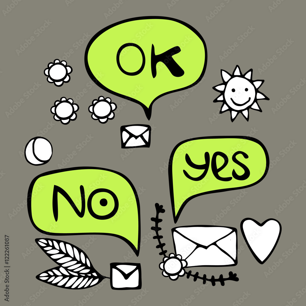 Ok, Yes and No Set of isolated hand drawn elements. Monochrome vector ...