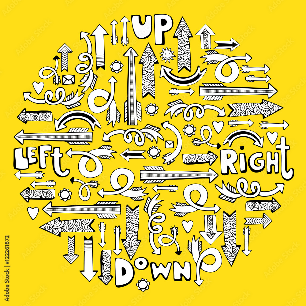 Right and left, up and down Set of isolated hand drawn elements ...