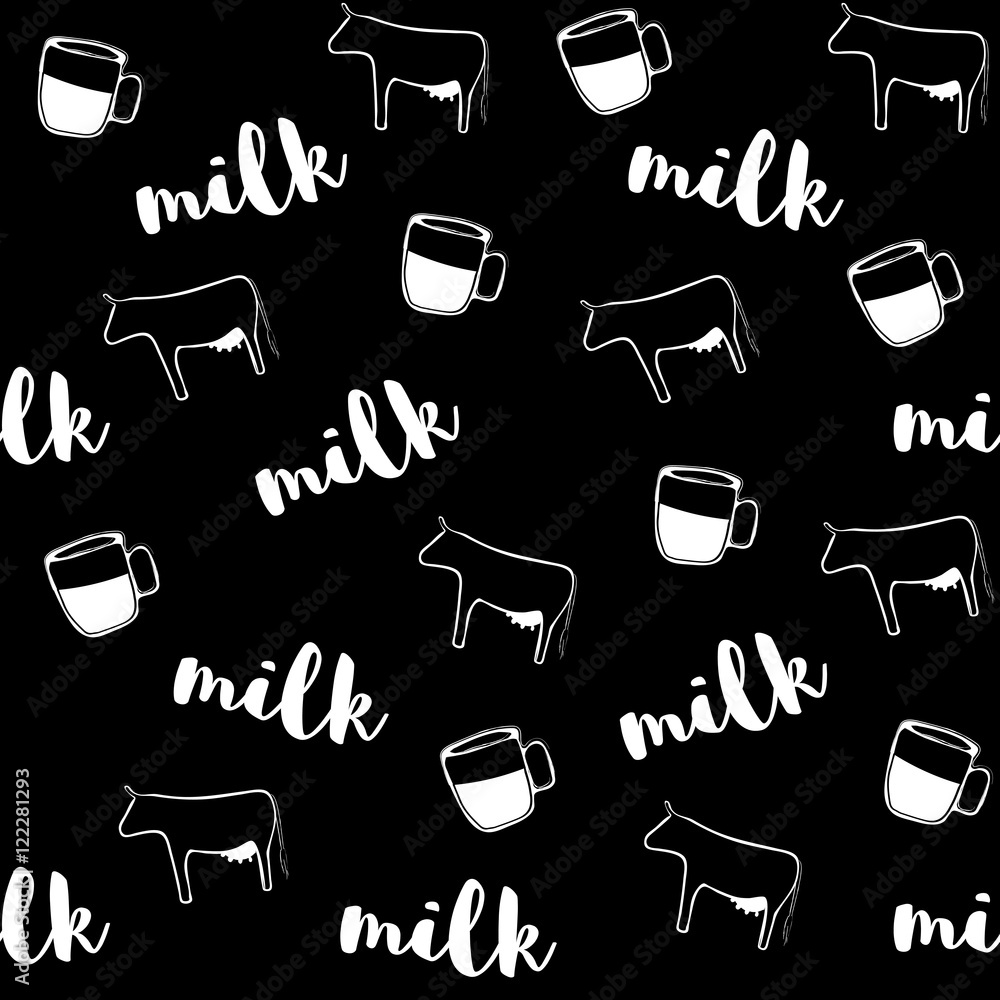Vector seamless pattern with cups, cows and milk lettering. Background ...